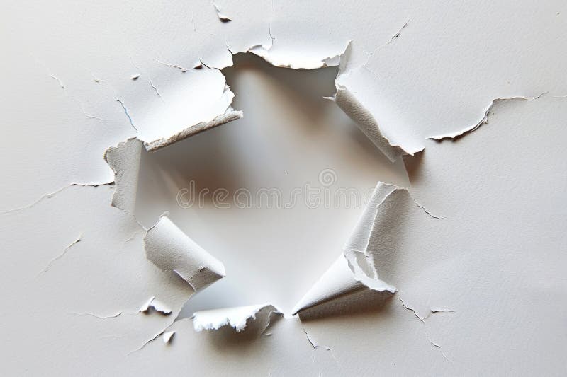 A Hole in a White Wall with Torn Paper Hanging Out, Suggesting a Recent ...