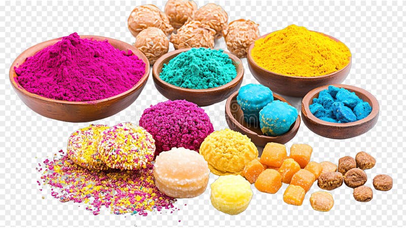 Holi Elements Set with Colorful Powder and Traditional Holi Sweets ...