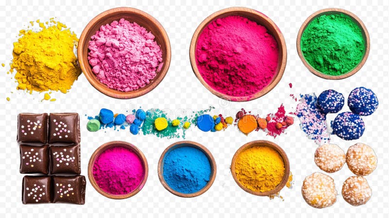 Holi Elements Set with Colorful Powder and Traditional Holi Sweets ...