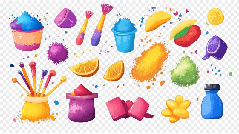 Holi Elements Set with Colorful Powder and Traditional Holi Sweets ...