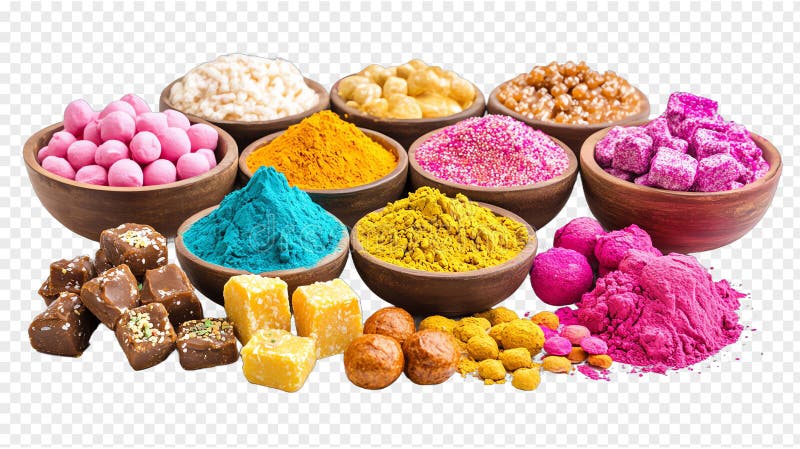 Holi Elements Set with Colorful Powder and Traditional Holi Sweets ...