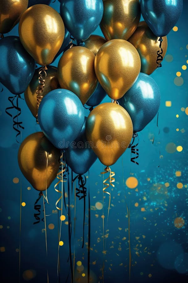 Holiday Background With Golden And Blue Metallic Balloons Confetti And