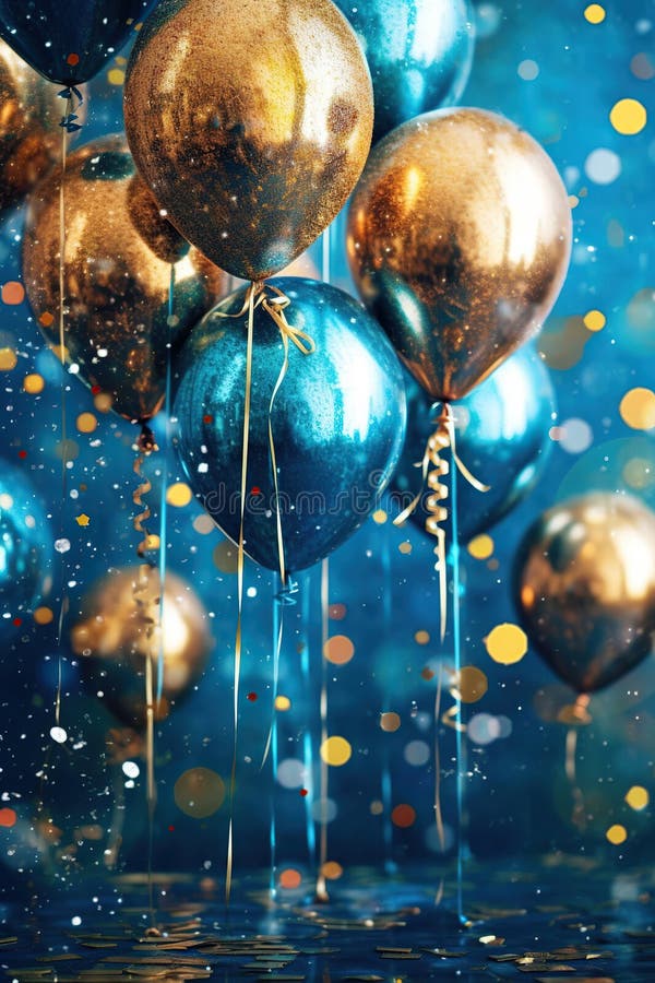 Holiday Background With Golden And Blue Metallic Balloons Confetti And