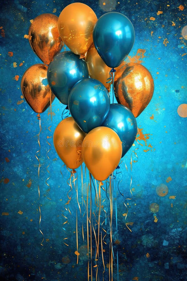Holiday Background With Golden And Blue Metallic Balloons Confetti And