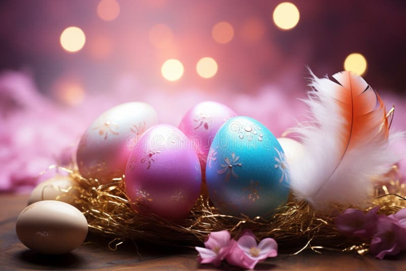 Holiday Bliss Enchanting Easter Scene with Eggs, Feathers, and Glitter ...