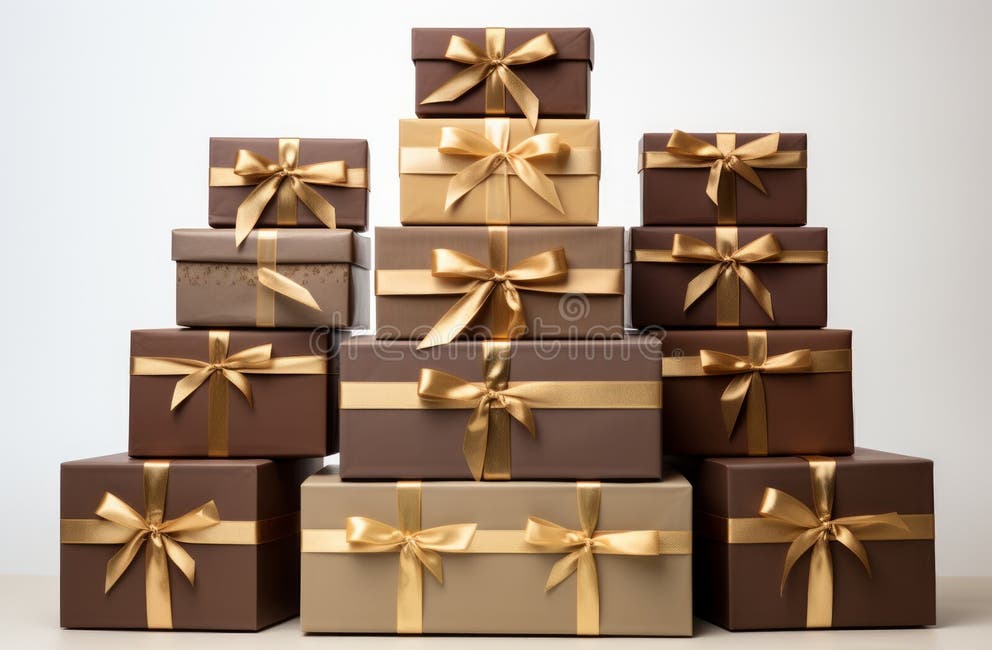 Holiday Boxes Stack with Some Gold Ribbons Stock Photo - Image of ...