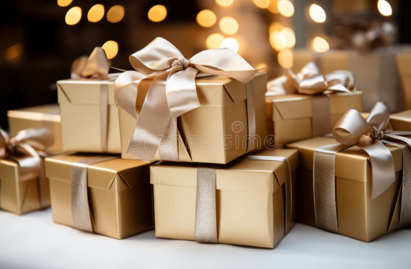 Holiday Boxes Stack with Some Gold Ribbons Stock Photo - Image of ...