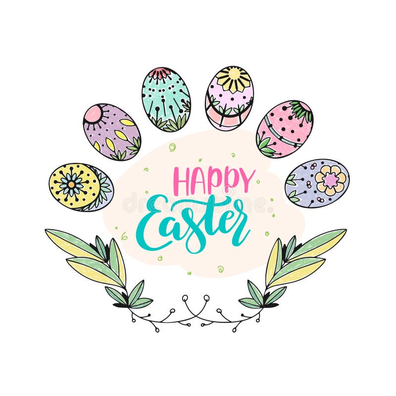 Holiday Card with Easter Eggs and Greenery, Happy Easter Stock Vector ...