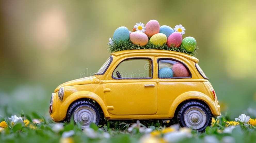 Holiday Card Featuring Easter Eggs Inside a Toy Car with a Spring ...