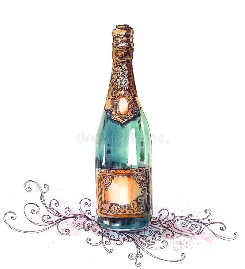 Champagne bottle and glass stock vector. Illustration of paint - 47007047