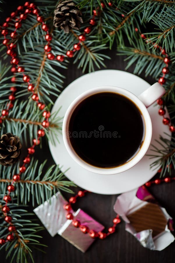Holiday Christmas Still Life with Cup of Coffee and Chocolate Stock ...