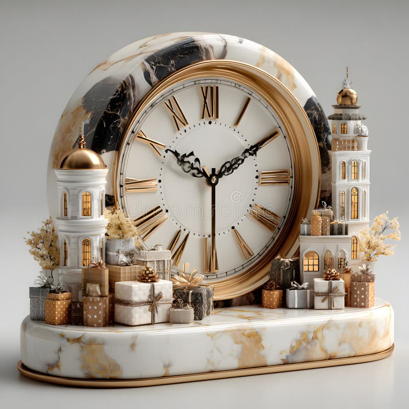 Holiday Clock with Miniature Buildings and Gift Boxes on Marble Base ...