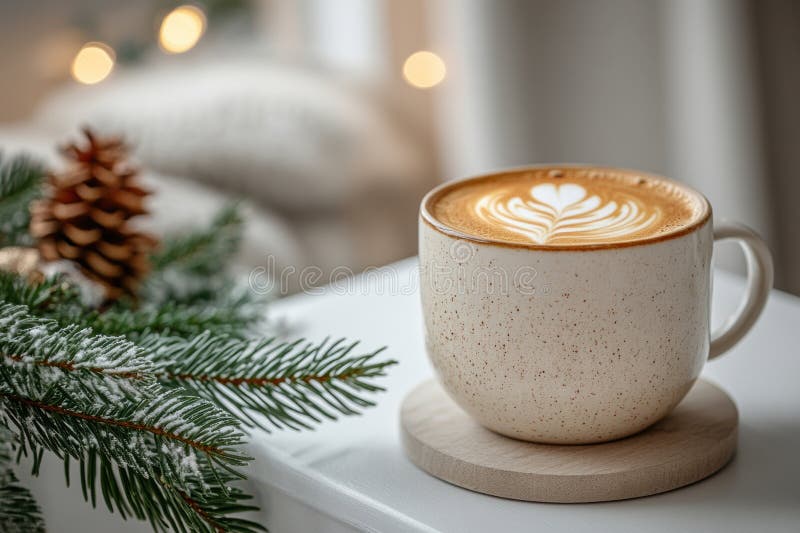 Holiday Coffee Scene, a Fragile Cappuccino on a White Table in a Scandi ...