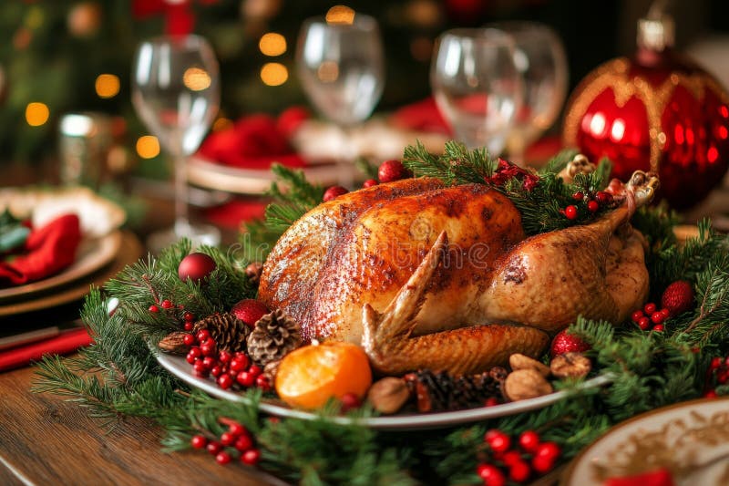 Holiday Dinner Table with a Beautifully Cooked Turkey and Crystal ...