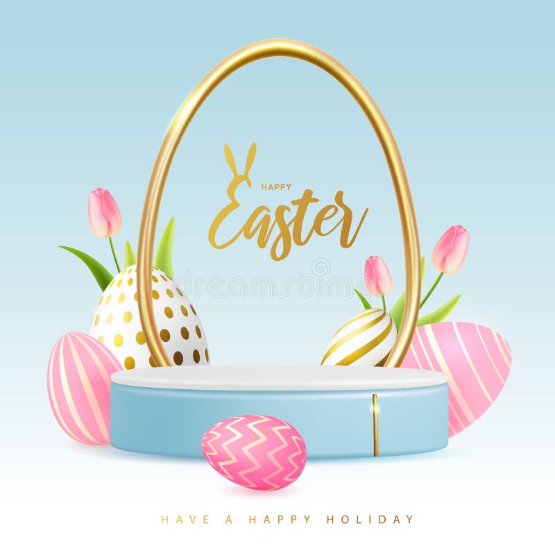Holiday Easter Showcase Blue Background with 3d Podium, Easter Eggs and ...
