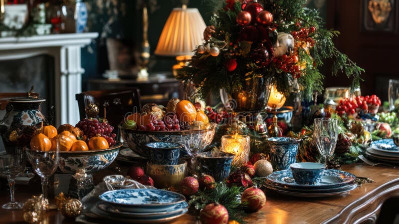 Holiday Feast Table Set with Festive Dishes and Decorations Stock ...