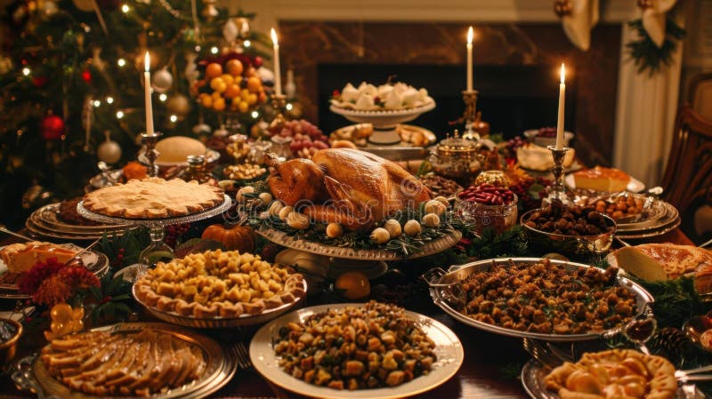 Holiday Feast, a Table Spread with Turkey, Pies, and Festive ...