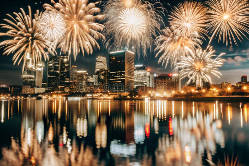Holiday Fireworks Above Water with Reflection of the Downtown in the ...