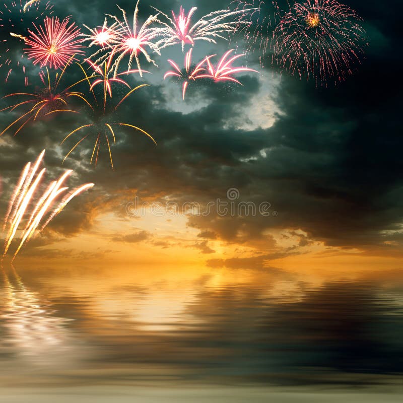 Holiday Fireworks with Reflection Stock Image - Image of celebration ...