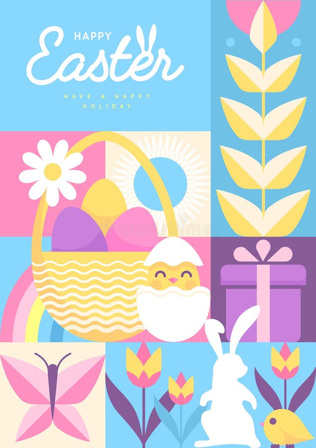 Holiday Flat Easter Poster with Rabbit, Easter Eggs, Willow Branch, Chicken and Flowers. Stock ...
