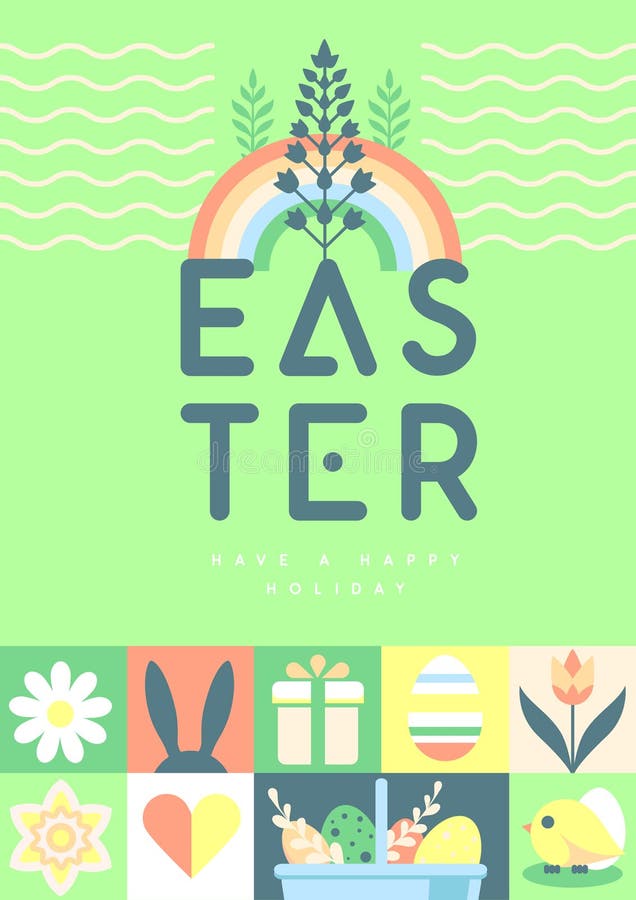 Holiday Flat Easter Poster with Rabbit, Easter Eggs, Willow Branch, Chicken and Flowers. Stock ...