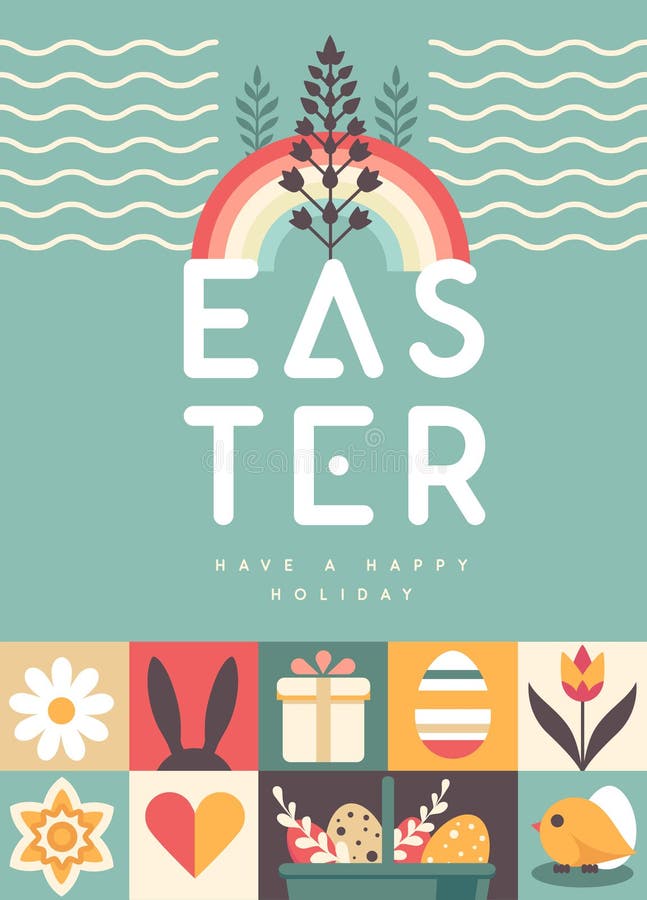 Holiday Flat Easter Poster with Rabbit, Easter Eggs, Willow Branch, Chicken and Flowers. Stock ...