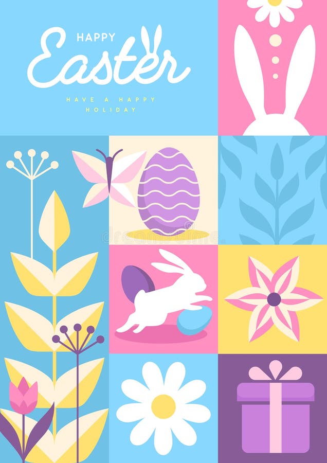 Holiday Flat Easter Poster with Rabbit, Easter Eggs, Willow Branch and Flowers. Stock ...