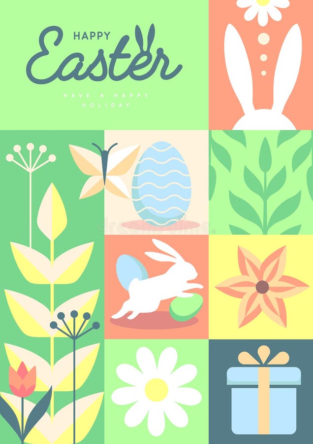 Holiday Flat Easter Poster with Rabbit, Easter Eggs, Willow Branch and Flowers. Stock Vector ...