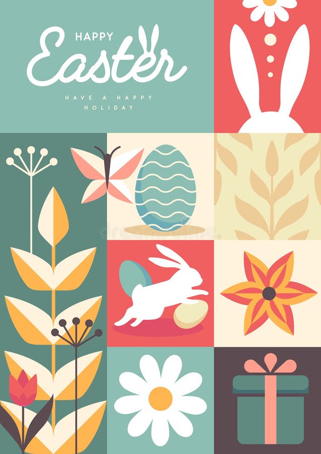 Holiday Flat Easter Poster with Rabbit, Easter Eggs, Willow Branch and ...