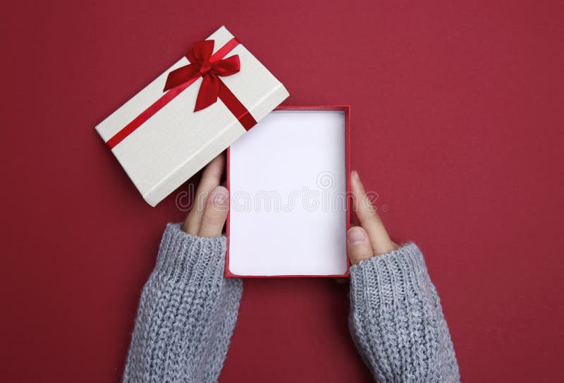 Holiday Gift Box Opened.Hands Holding Present Box Top View.Product ...