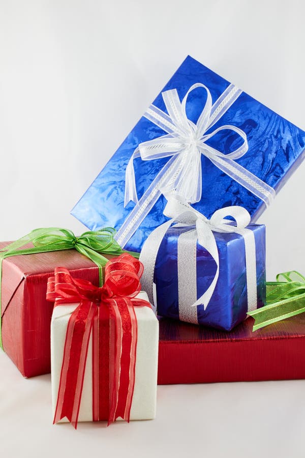 Holiday Gift Boxes Decorated with Ribbon on White Stock Photo - Image ...