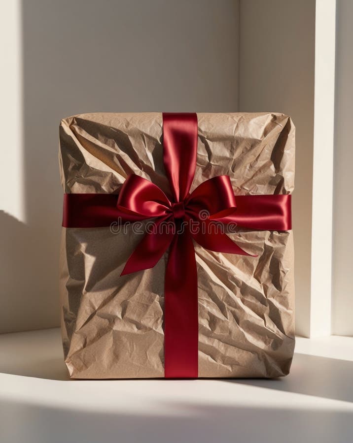 Holiday Gift Wrapped in Brown Paper with Red Ribbon. Stock Photo ...
