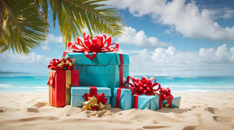 Holiday Gifts on Tropical Beach Vacation Stock Photo - Image of layout ...