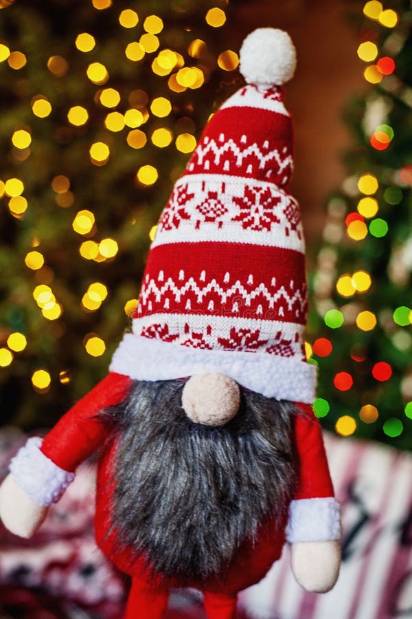 Holiday Gnome in Front of Christmas Trees Stock Photo - Image of lights ...