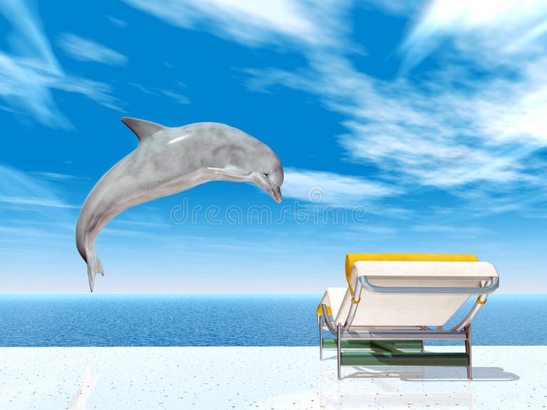 Holiday Impression with Jumping Dolphin and Deck Chair Stock ...