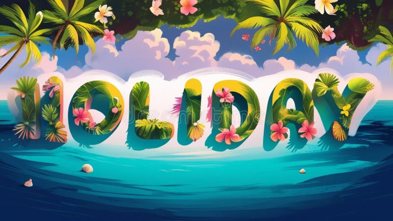 Holiday Island Typography with Tropical Beach Stock Illustration ...
