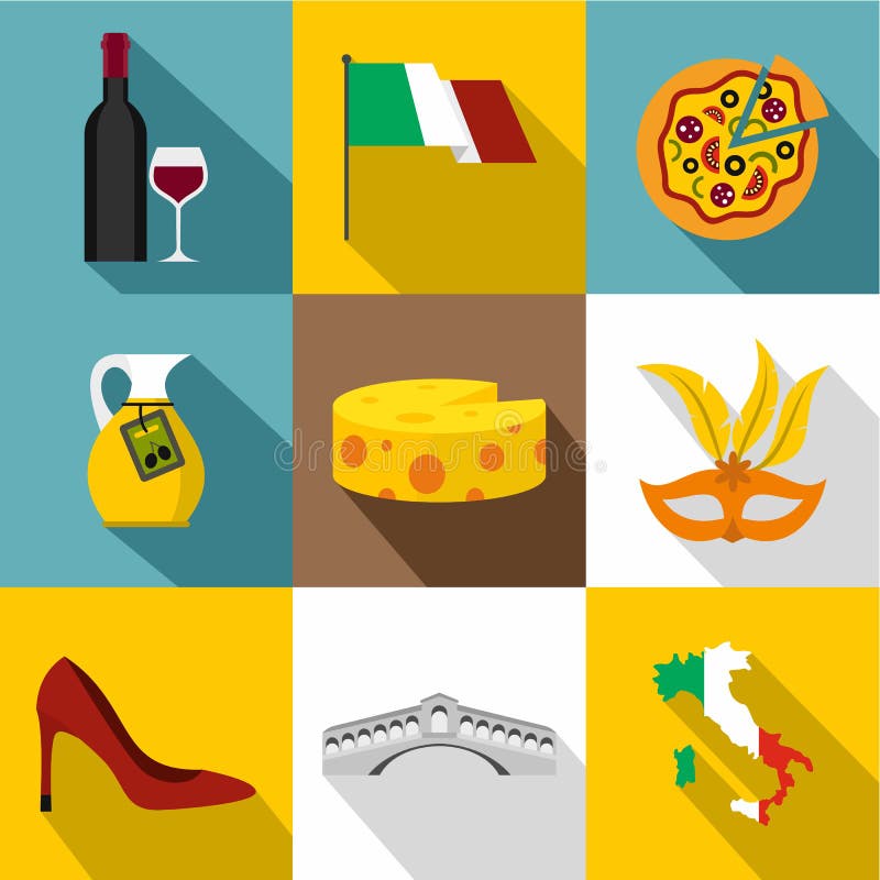 Holiday in Italy Icons Set, Flat Style Stock Vector - Illustration of ...