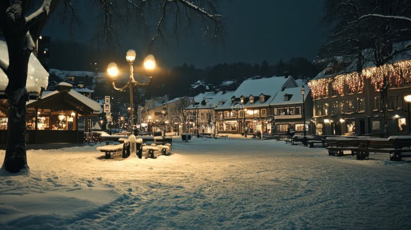 Holiday Lights Reflecting on Fresh Snow in a Small Town Square Stock Illustration - Illustration ...