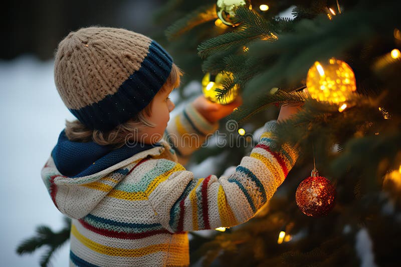 Holiday Magic Close-Up of a Child Joyfully Decorating the Christmas ...