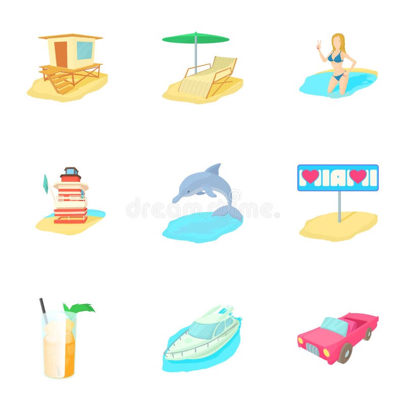 Holiday in Miami Icons Set, Cartoon Style Stock Vector - Illustration ...