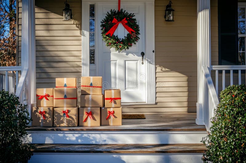 Holiday Packages on Front Porch of Home Stock Photo - Image of deliver ...
