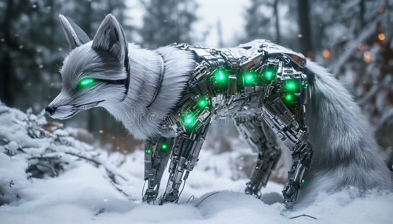 Holiday Robotic Fox with Green LEDs on Silver Fur, Stock Illustration ...