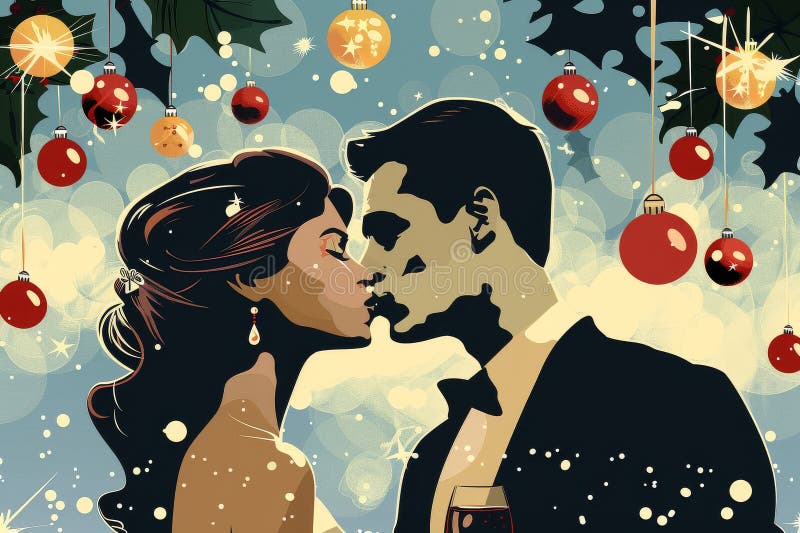 Holiday Romance Beneath Mistletoe Glow Stock Illustration