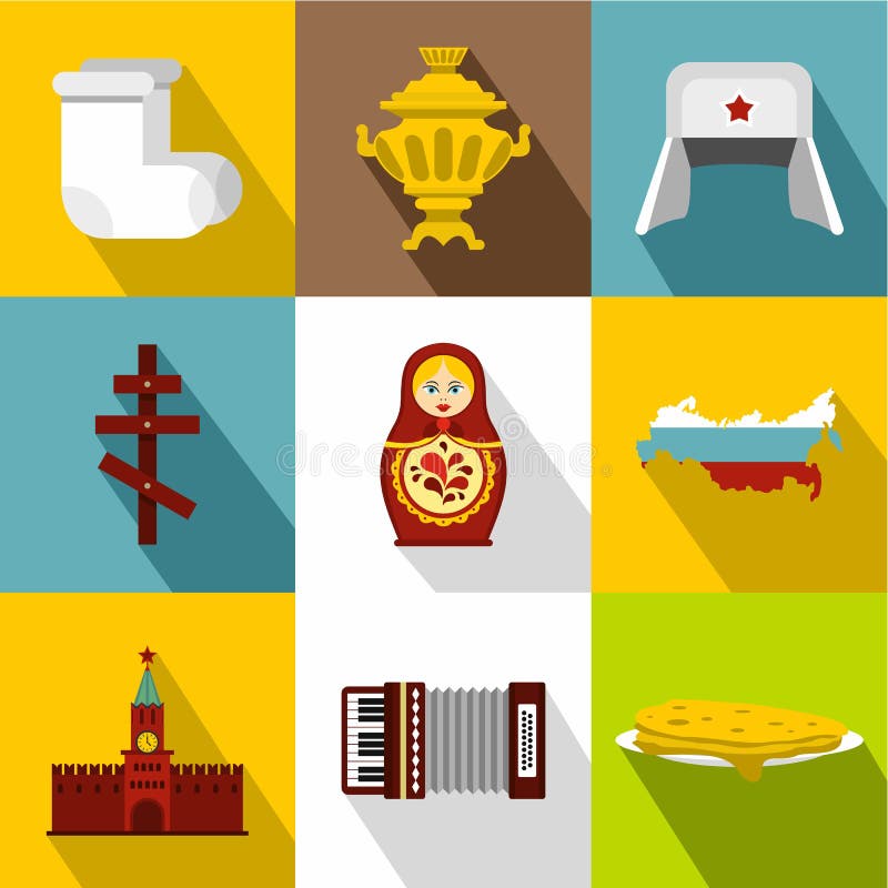 Holiday in Russia Icons Set, Flat Style Stock Vector - Illustration of ...
