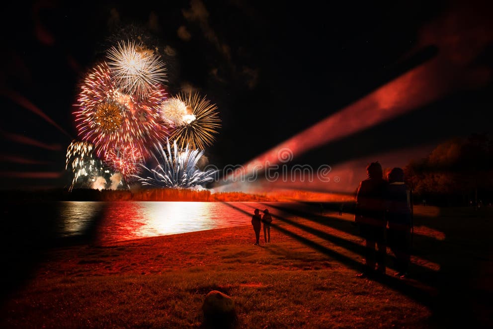 Fireworks with Reflection in Water, Copy Space Stock Photo - Image of ...
