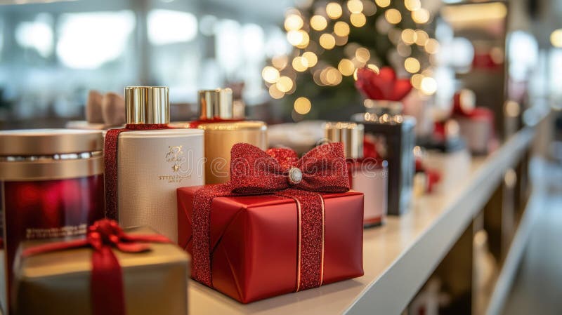 Holiday Season Gift Display with Red Boxes and Sparkling Lights Stock ...