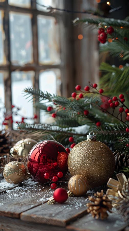 Holiday Setup with Christmas Ornaments and Decorations Seen from the ...