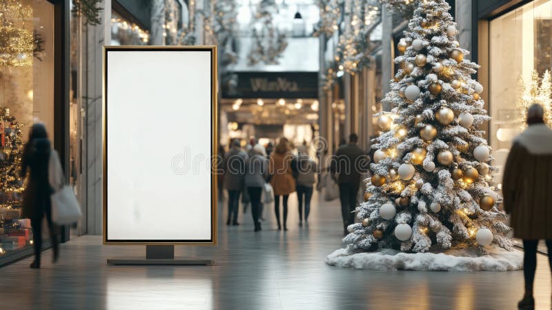 A Holiday Shopping Corridor Decorated with a Christmas Tree and an ...