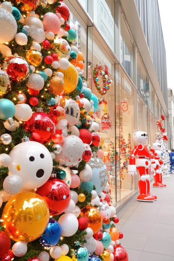Holiday Storefront with Robots Decorating a Christmas Tree Stock Image ...