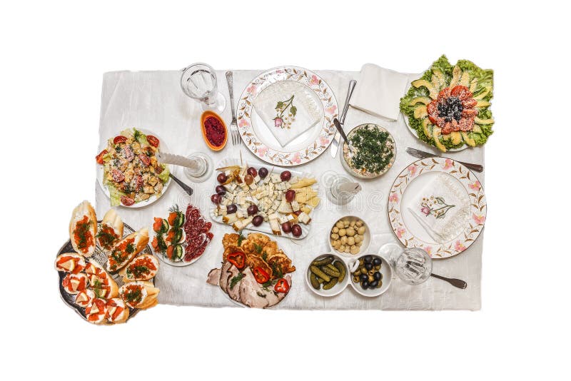 Holiday Table with Dishes, with Different Dishes, Salads Isolate Stock ...